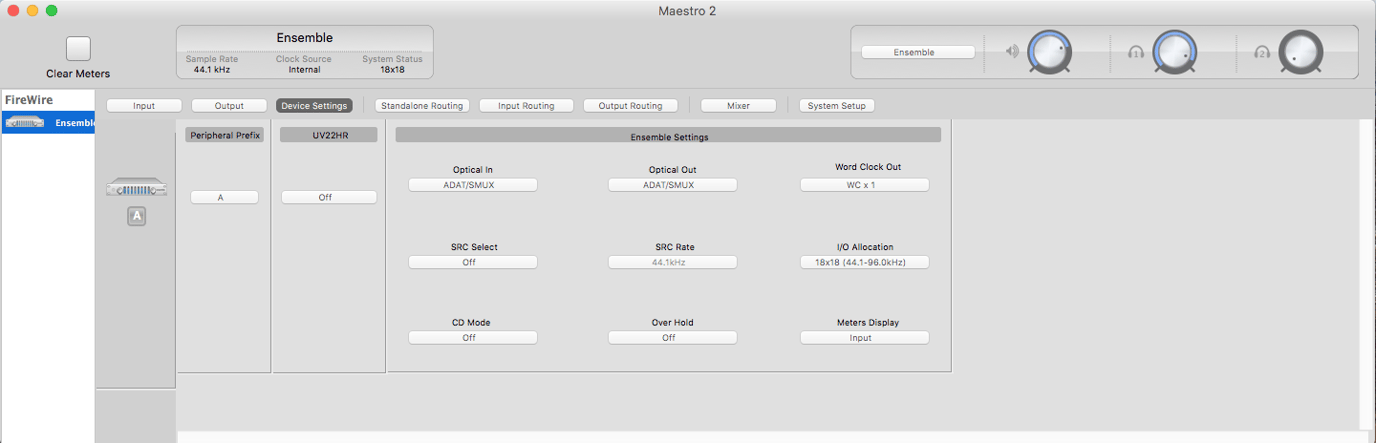 Ensemble (Firewire): Maestro 2 Device Settings